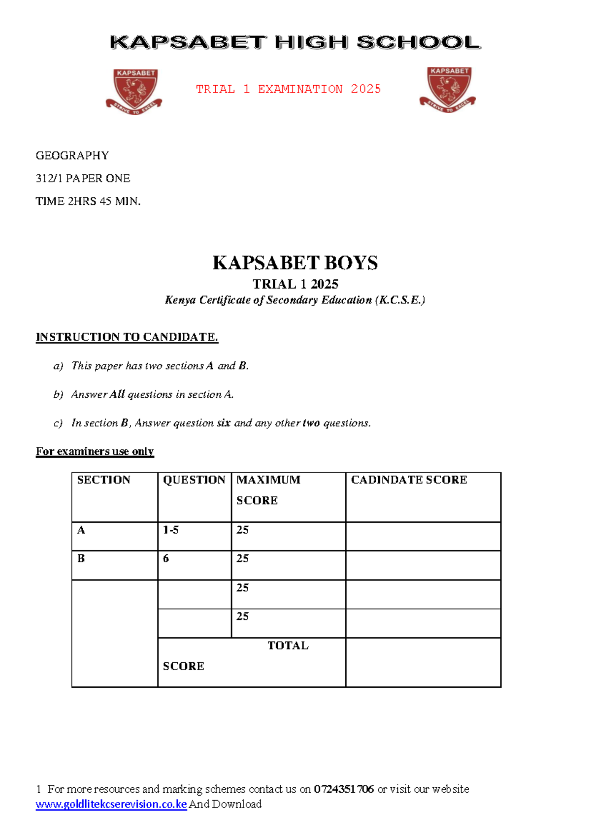 Kapsabet Boys Trial 1 2025 Geography and English Papers - Studocu