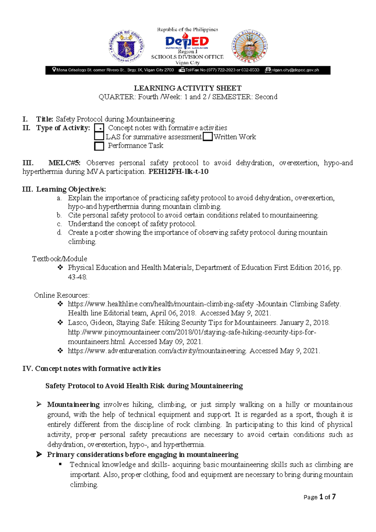 PEH12-MELC5 Q4 Week 1-2: Safety Protocols for Mountaineering Activities ...