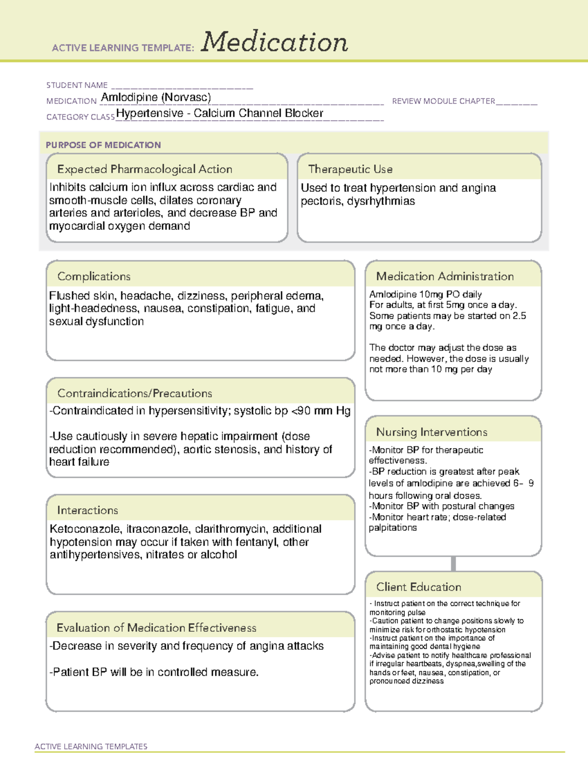 Amlodipine (Norvasc) Med Surg 3 - ACTIVE LEARNING TEMPLATES Medication ...