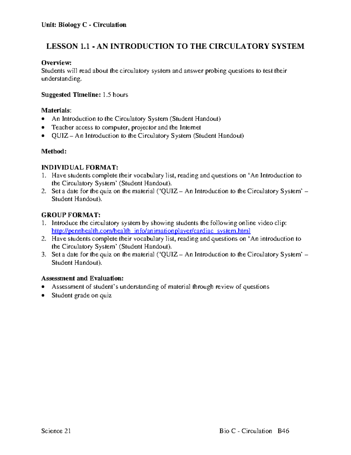 SCI BIO C Circulation GR11 Lesson 1: Introduction to the Circulatory ...