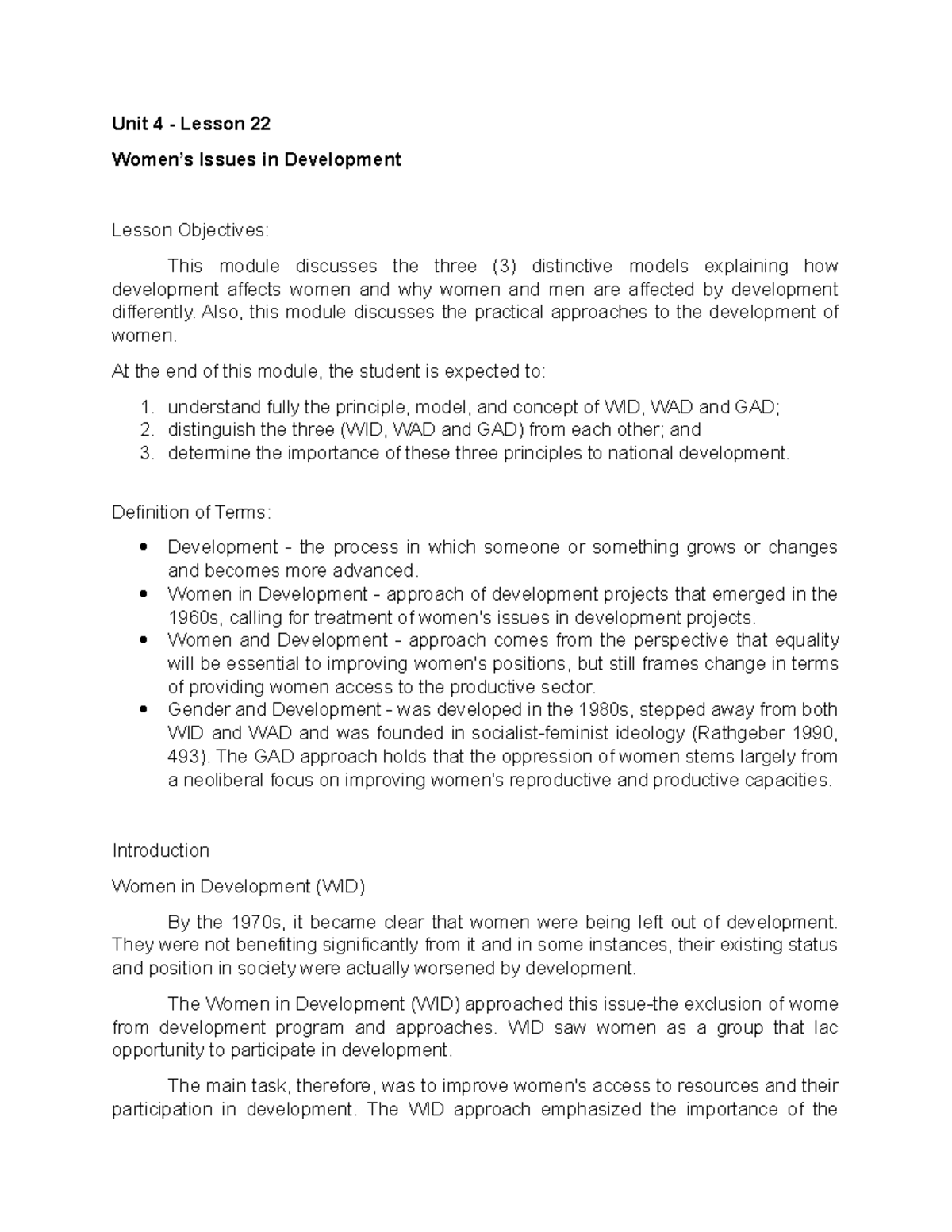 Women's Issues in Development - Unit 4 - Lesson 22 Women’s Issues in ...