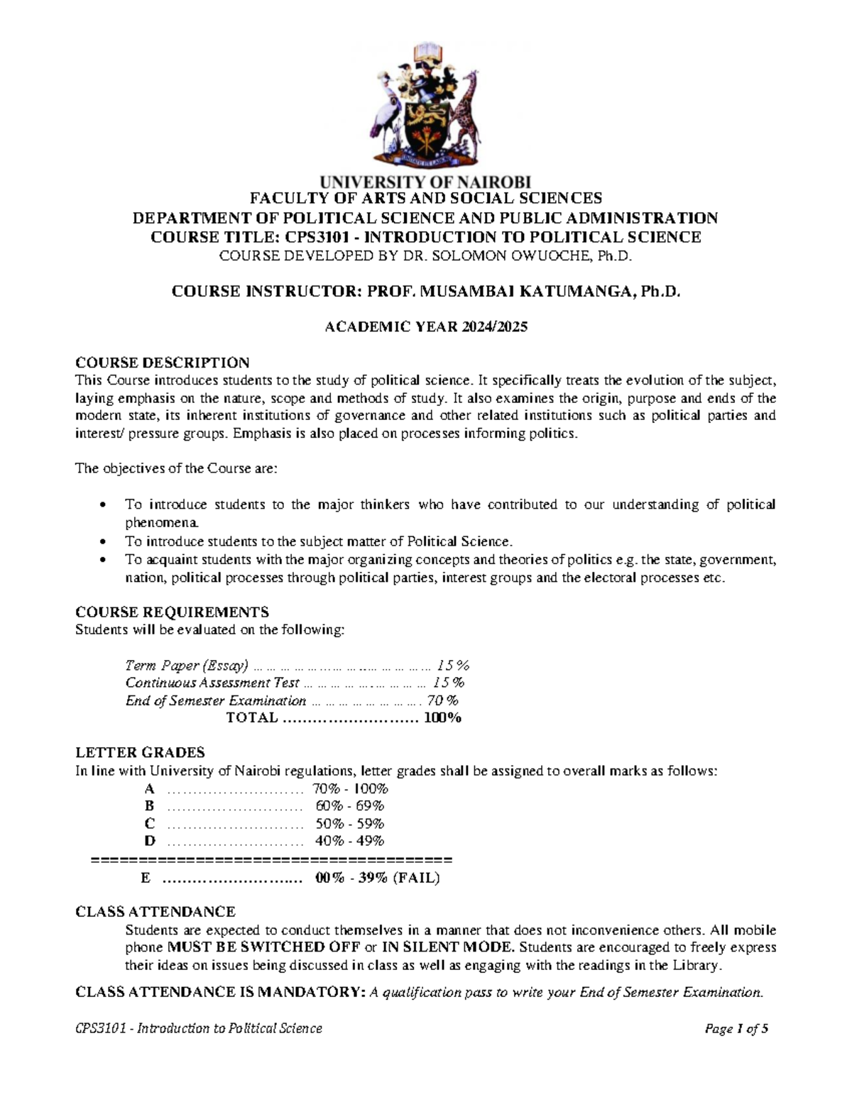 CPS3101 - Intro to Political Science: Course Outline & Evaluation - Studocu