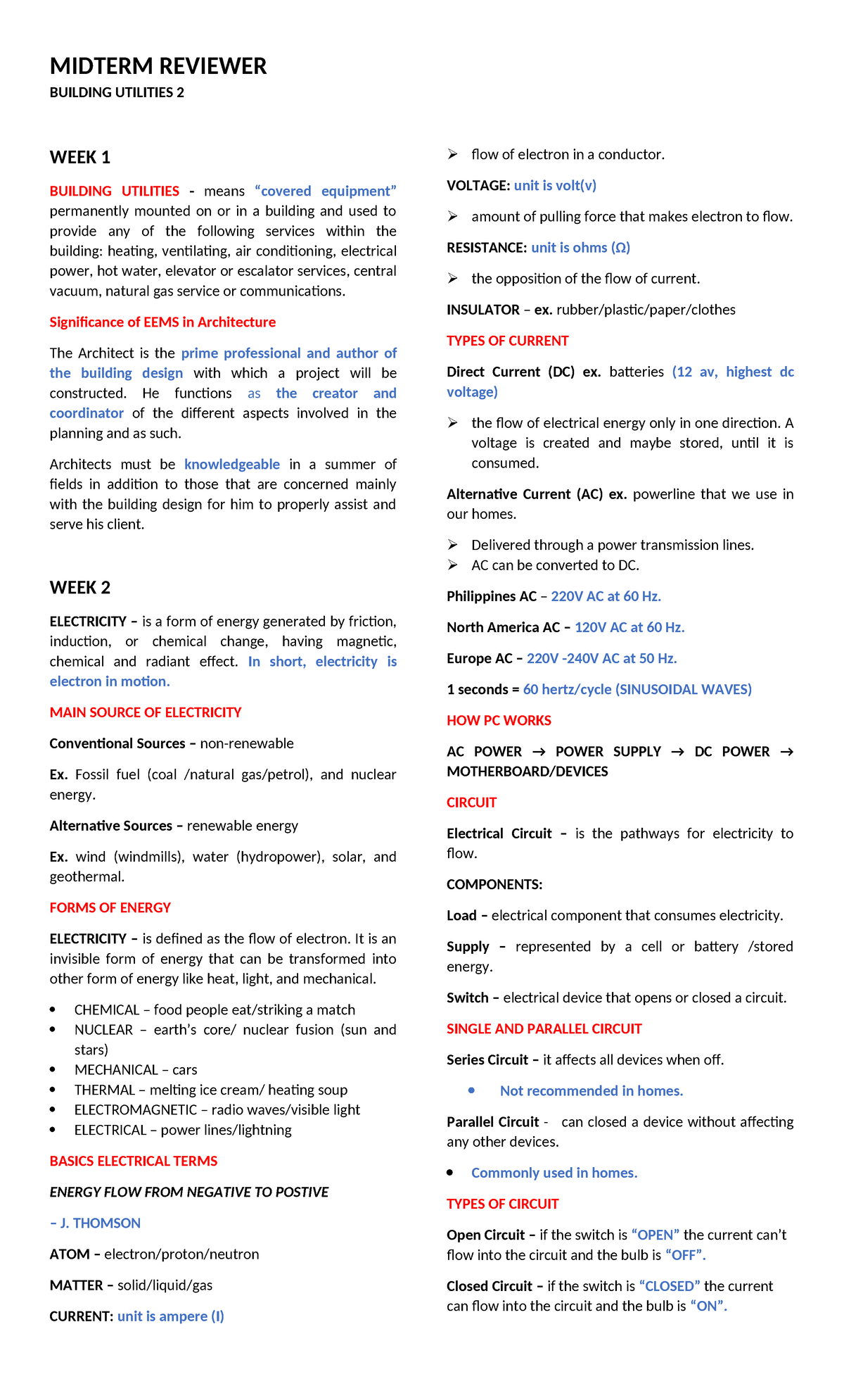 BU2 - Midterm Reviewer on Building Utilities and Electrical Systems ...