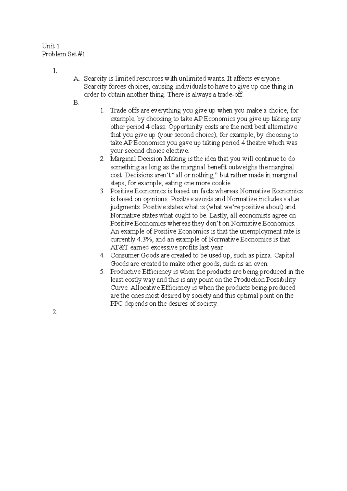 Unit 1 Basic Economic Concepts Problem Set #1 - Unit 1 Problem Set # A ...