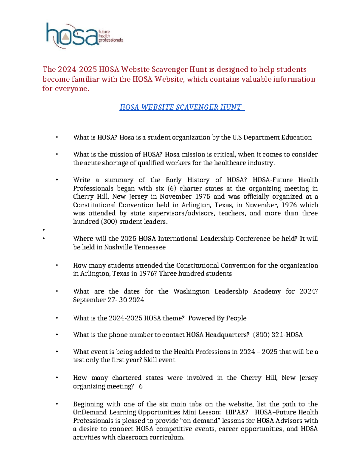 HOSA Scavenger Hunt Overview for 2024-2025 Academic Year - Studocu