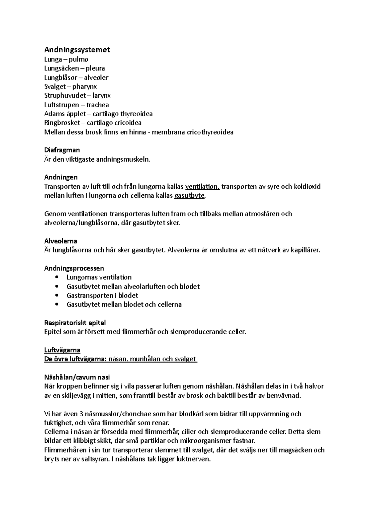 sammanfattning av andningssystemet anatomi och fysiologi ...