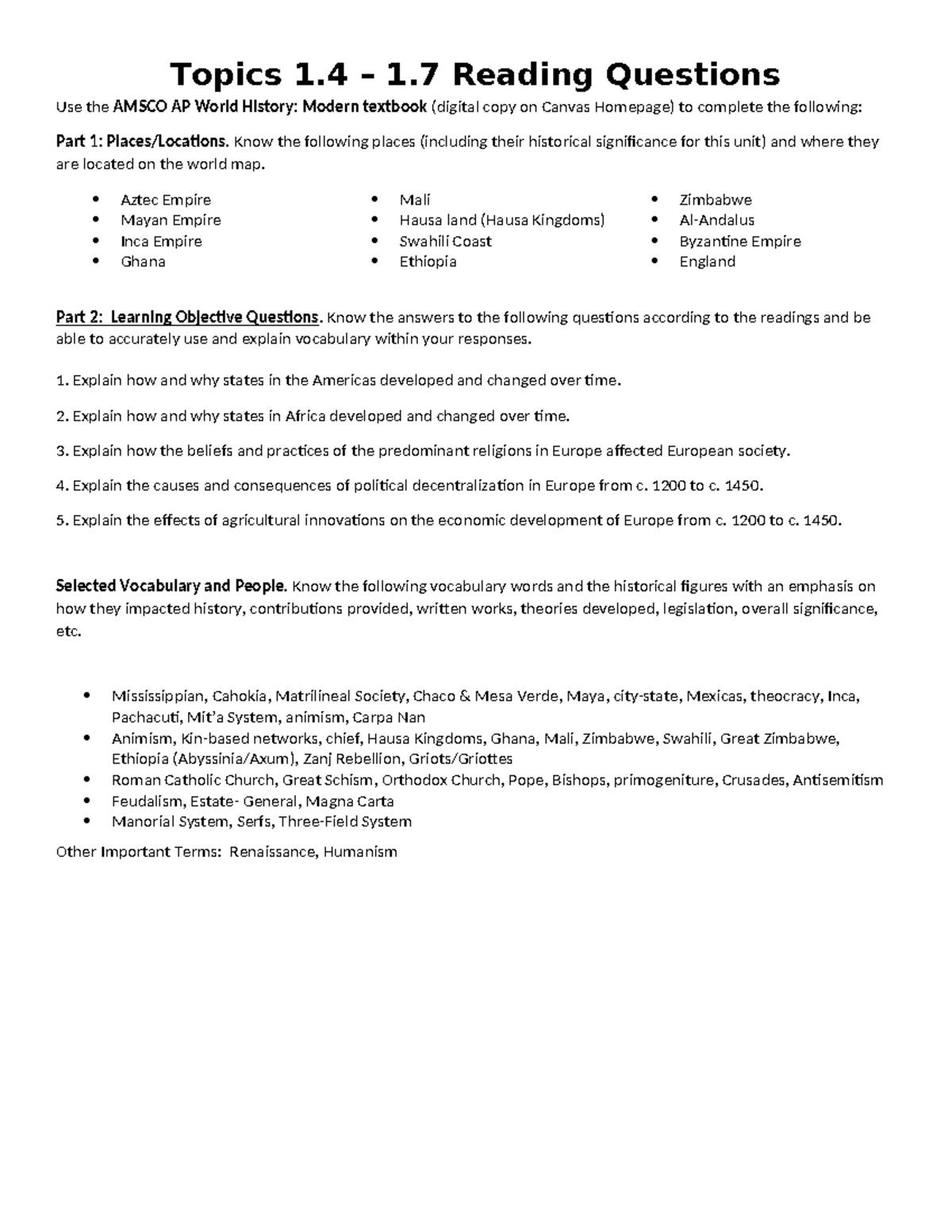AP World History: Modern - Topics 1.4 to 1.7 Reading Questions - Studocu