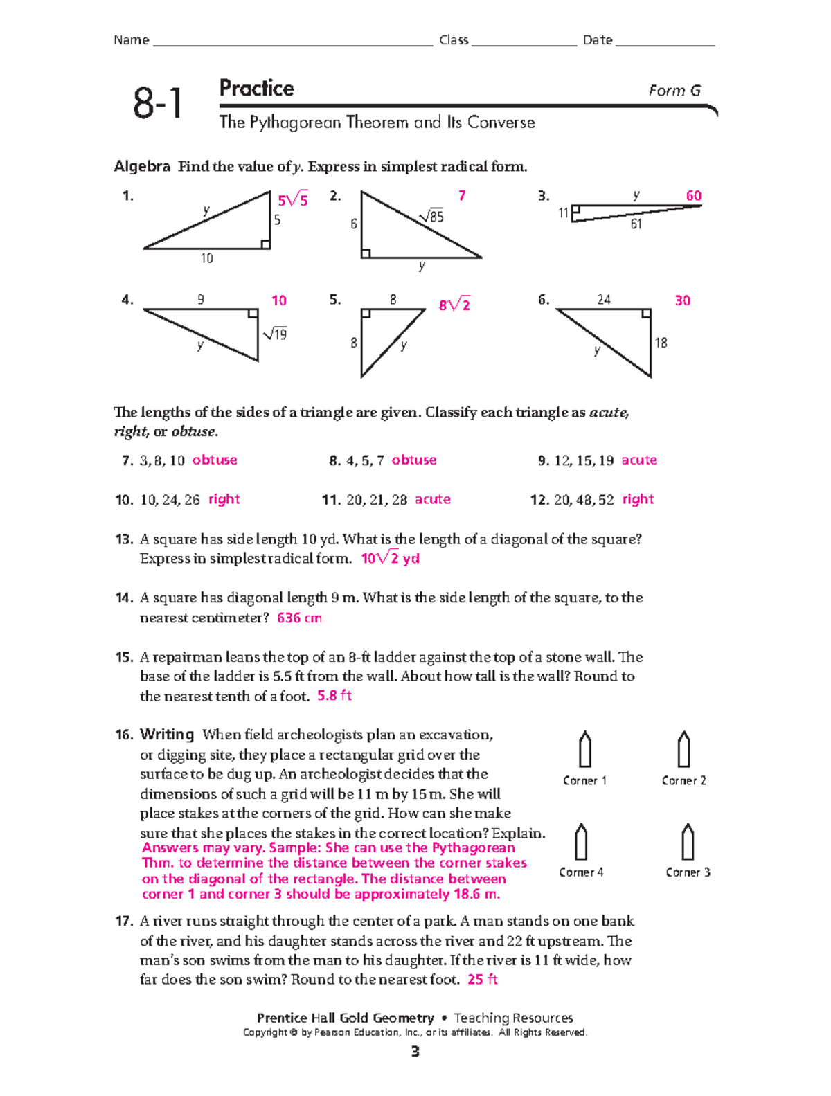 U8 Geometry Practice Packet Key: The Pythagorean Theorem and Triangles ...