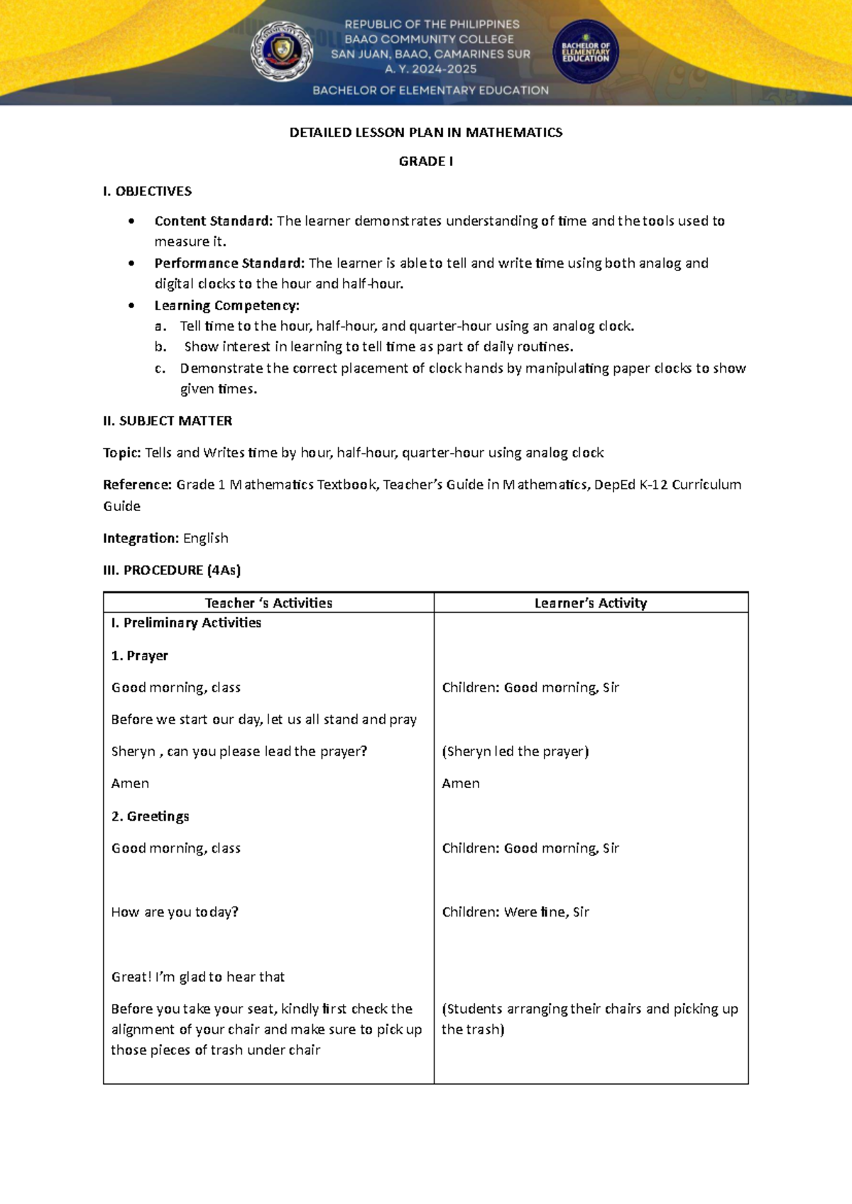 Grade 1 Math Lesson Plan: Telling Time with Analog Clocks - Studocu