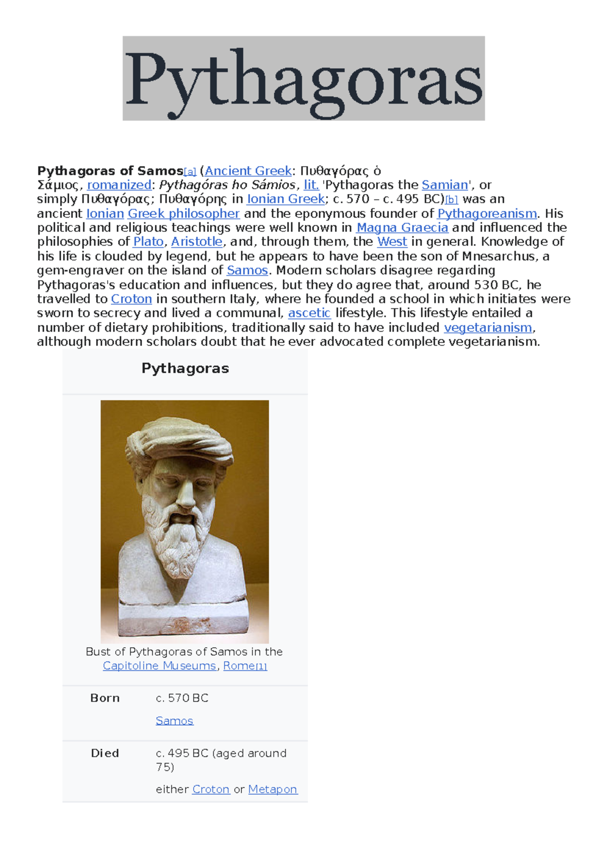 Pythagoras: Insights into His Life & Philosophy Project - Studocu