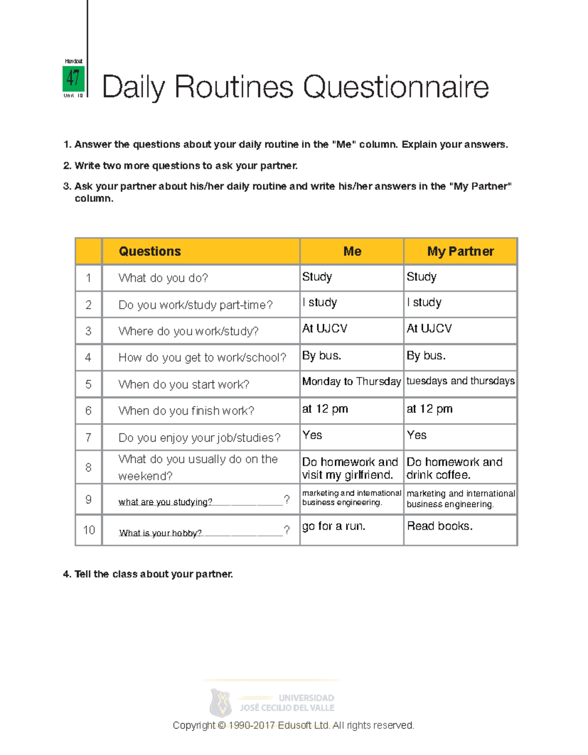 21 Basic I Handout 47 Unit 10 Occupations Daily Routines Questionnaire ...