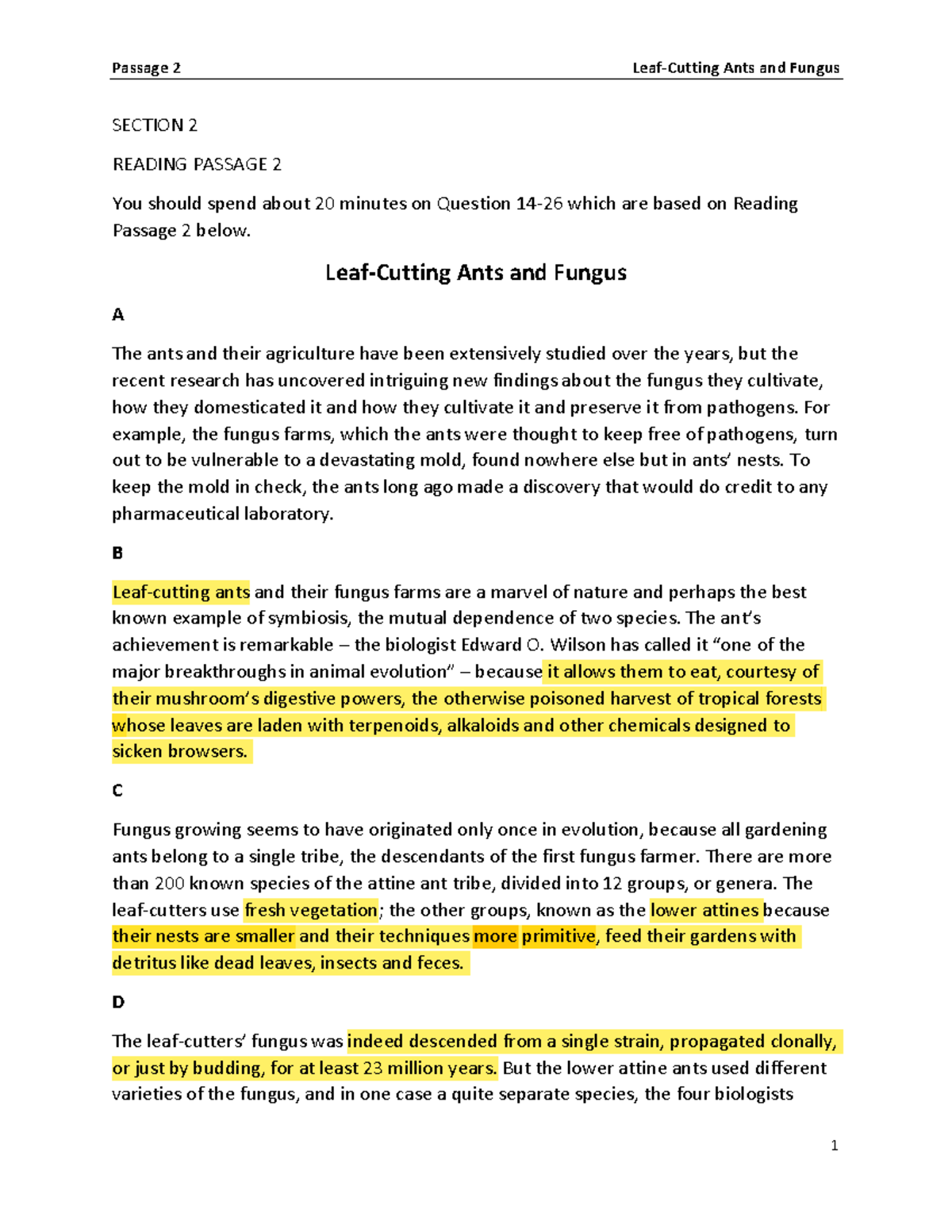 Passage 2 - Ants and Fungus: Q14-26 Analysis and Questions - Studocu