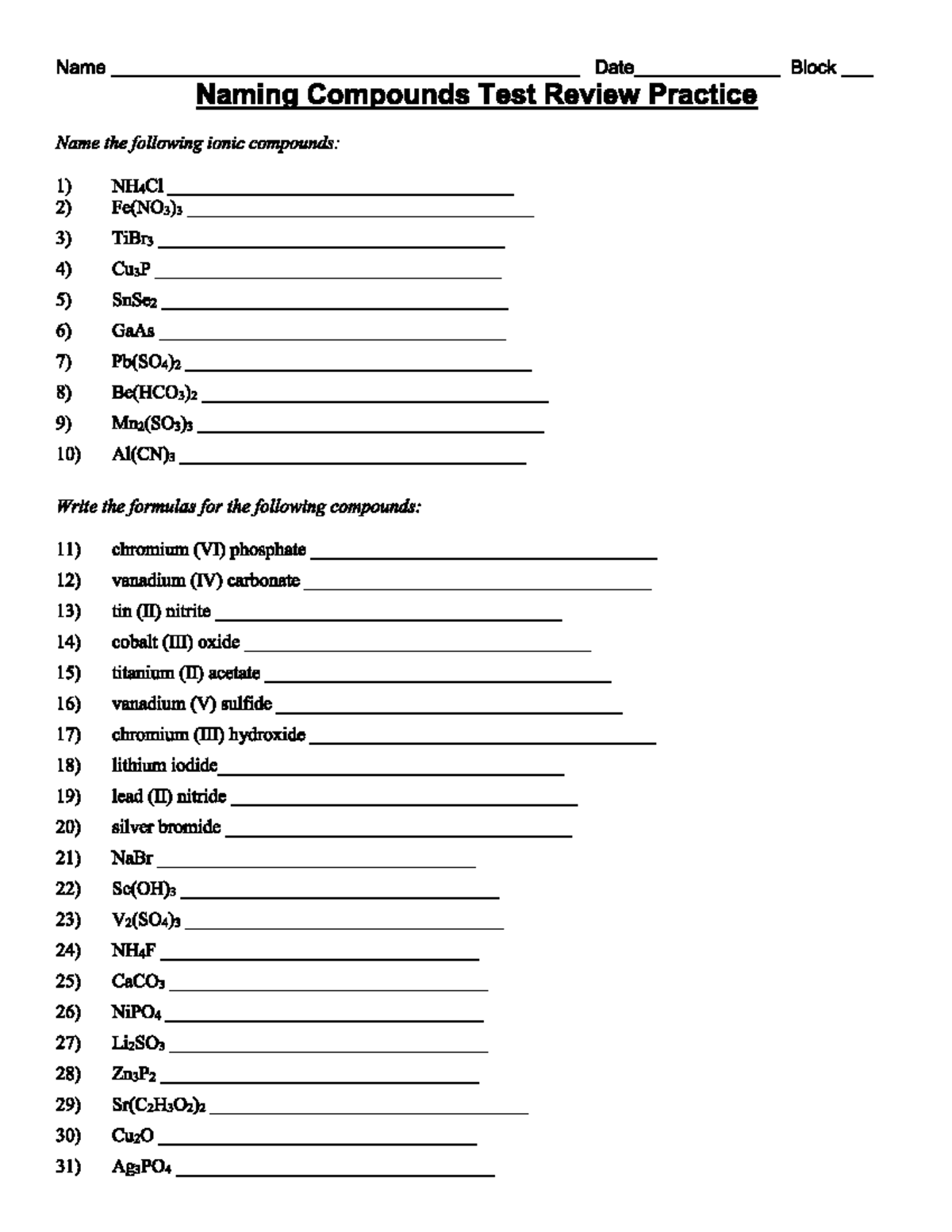 Naming Compounds Test Review Practice - Chemistry 101 - Studocu