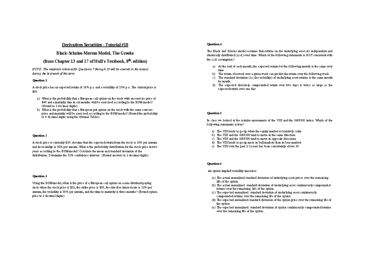 Derivatives Securities Tutorial 10 (Hull, Ch. 13 & 17) Questions ...