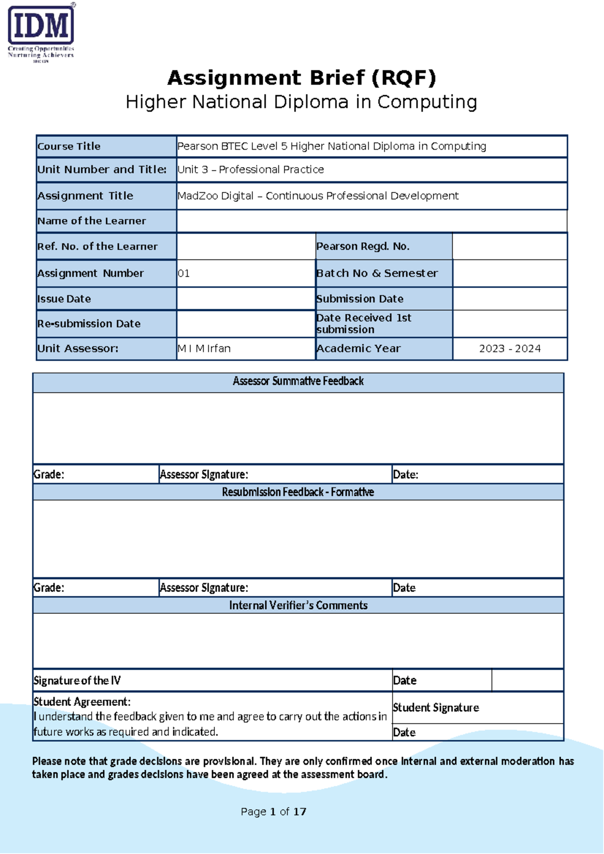 Assignment Brief - HND Computing Unit 3: Professional Practice - Studocu