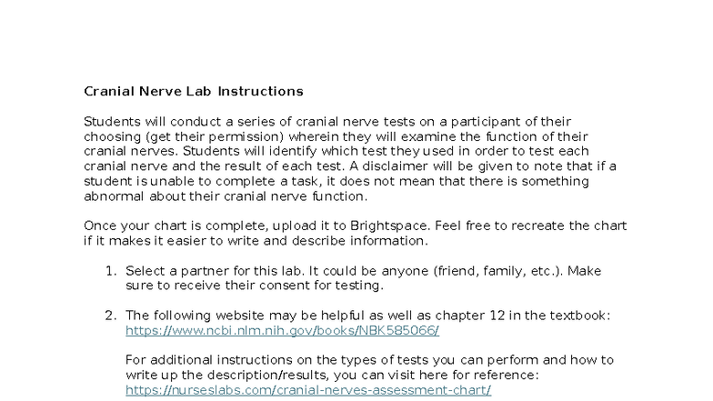 Cranial Nerve Lab Instructions: Testing & Assessment Guide - Studocu