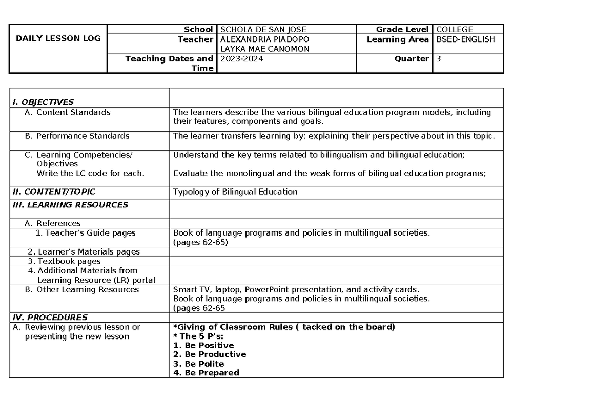 DLL - Detailed Lesson Plan for BSED-ENGLISH: Bilingual Education - Studocu