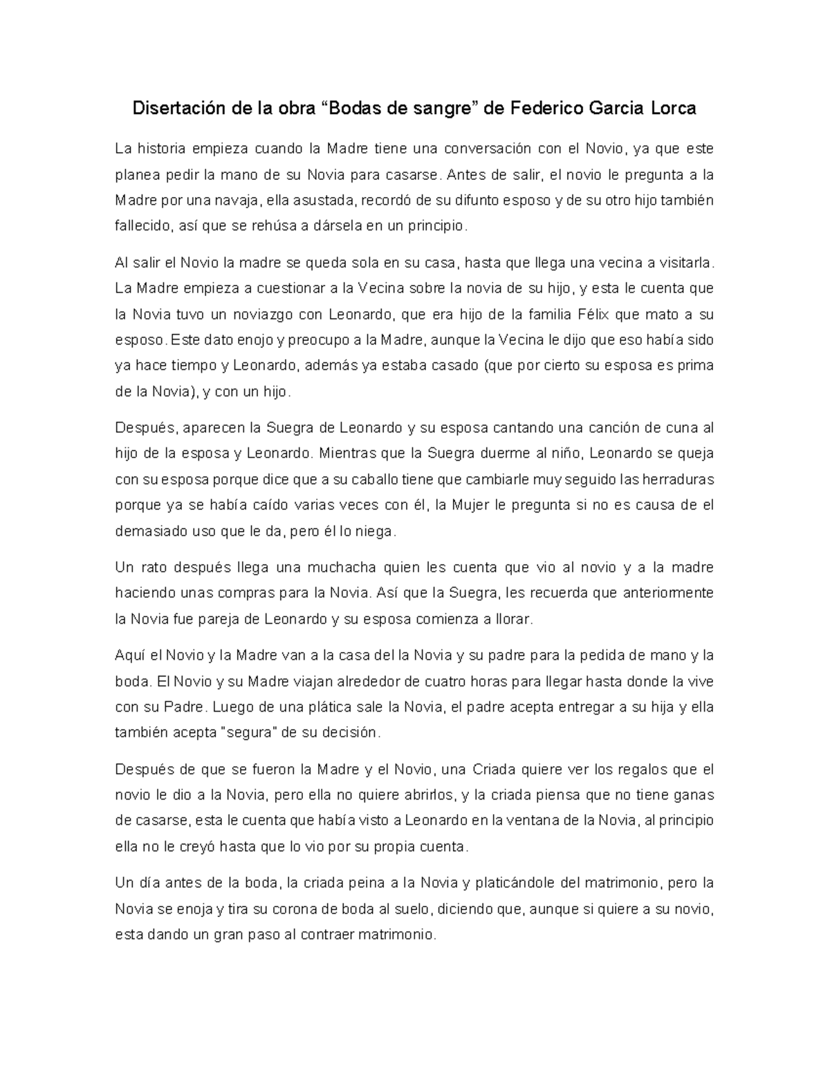Disertación sobre "Bodas de Sangre" de Federico García Lorca - Studocu