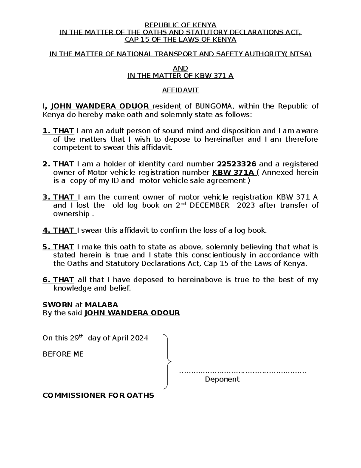 John wandera affidavit ntsa - REPUBLIC OF KENYA IN THE MATTER OF THE ...