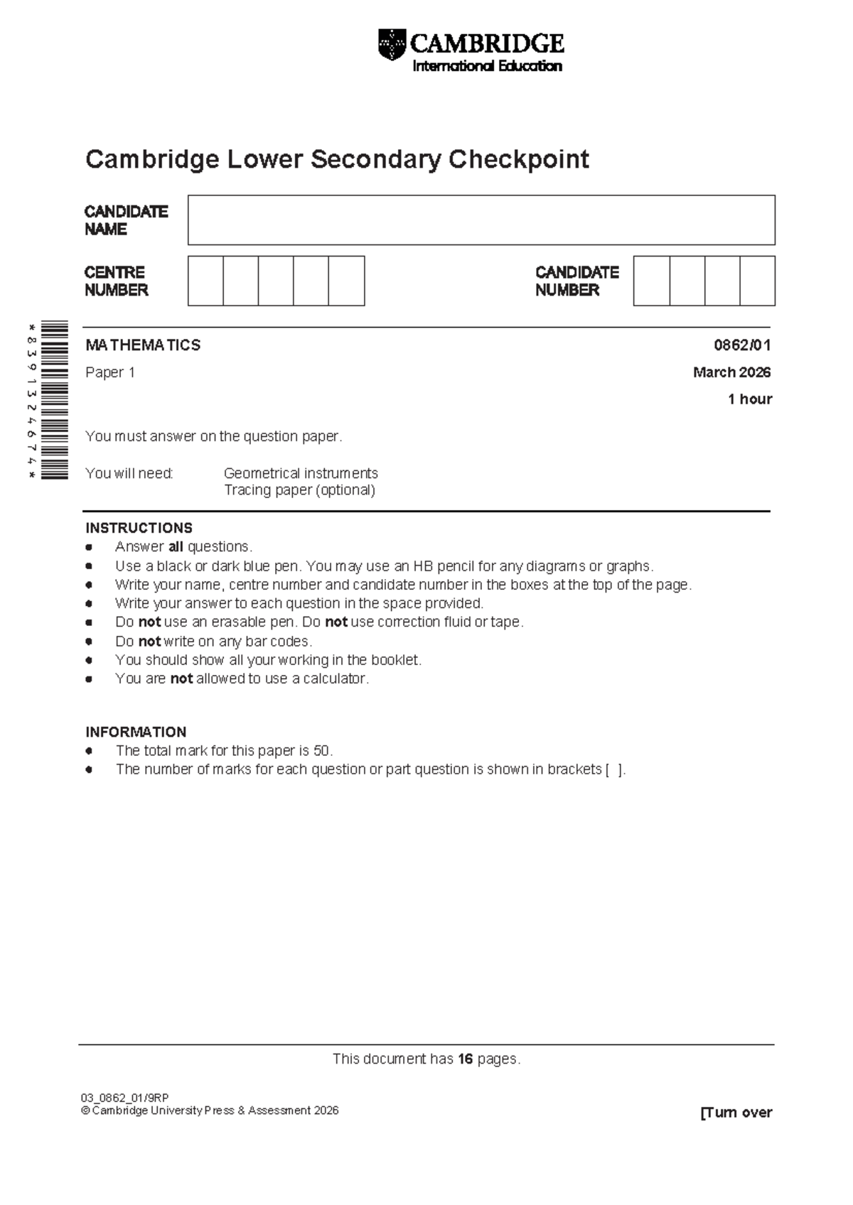 Cambridge Lower Secondary Checkpoint Mathematics Paper 1 - March 2026 ...