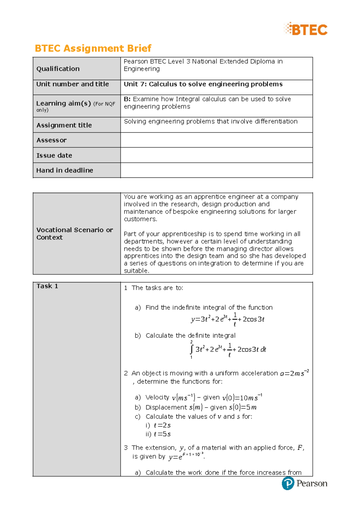 Authorised Assignment Brief: Unit 7 - Calculus in Engineering Problems - Studocu