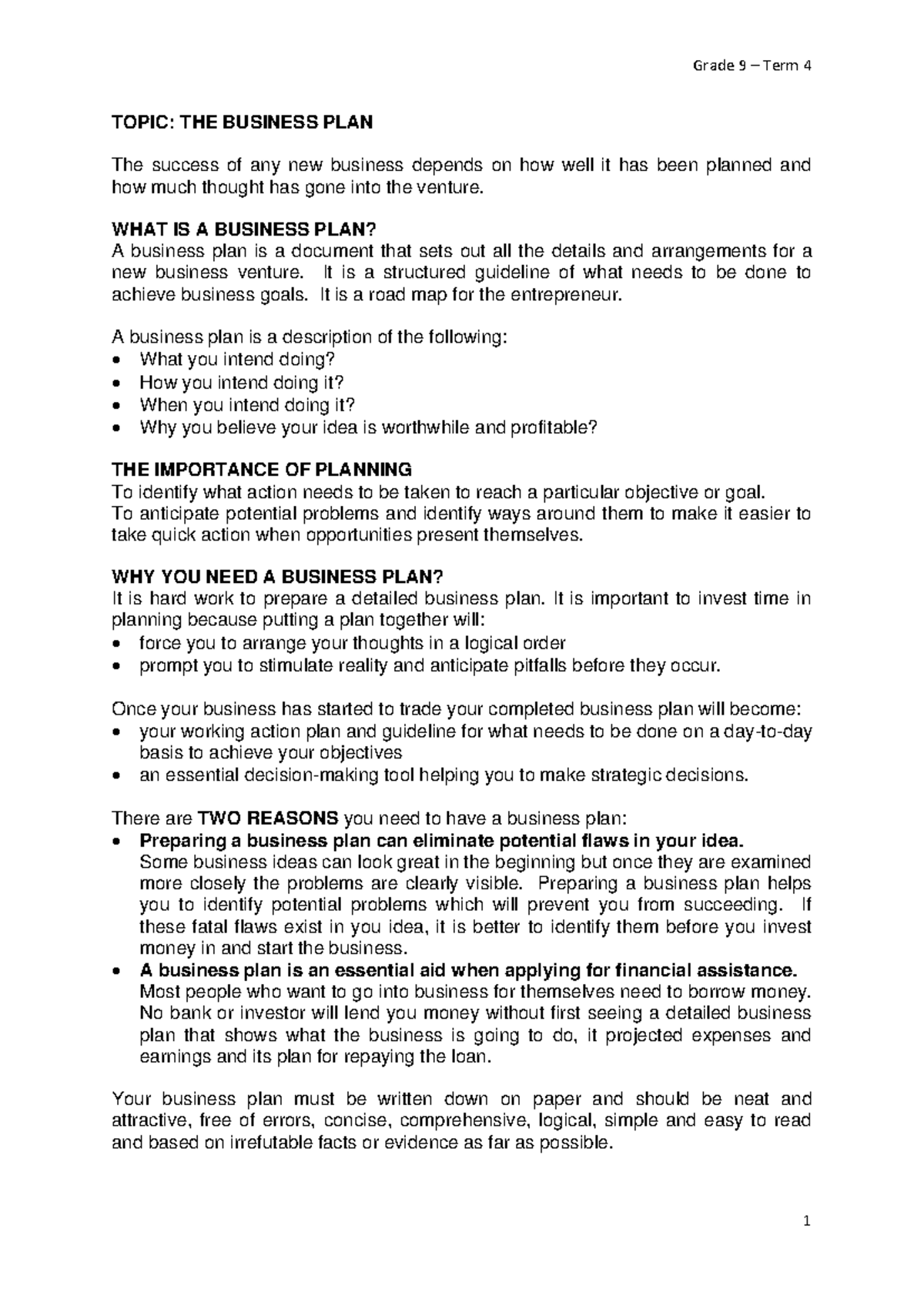 Grade 9 EMS Term 4: The Business Plan Overview and Key Concepts - Studocu