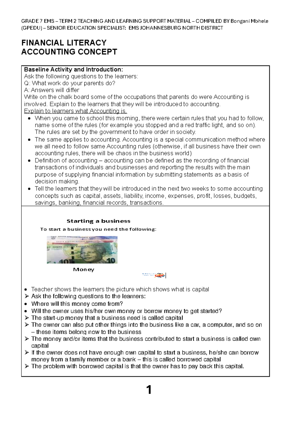 GRADE 7 EMS TERM 2 CONTENT NOTES & INFORMAL ACTIVITIES ON ACCOUNTING ...