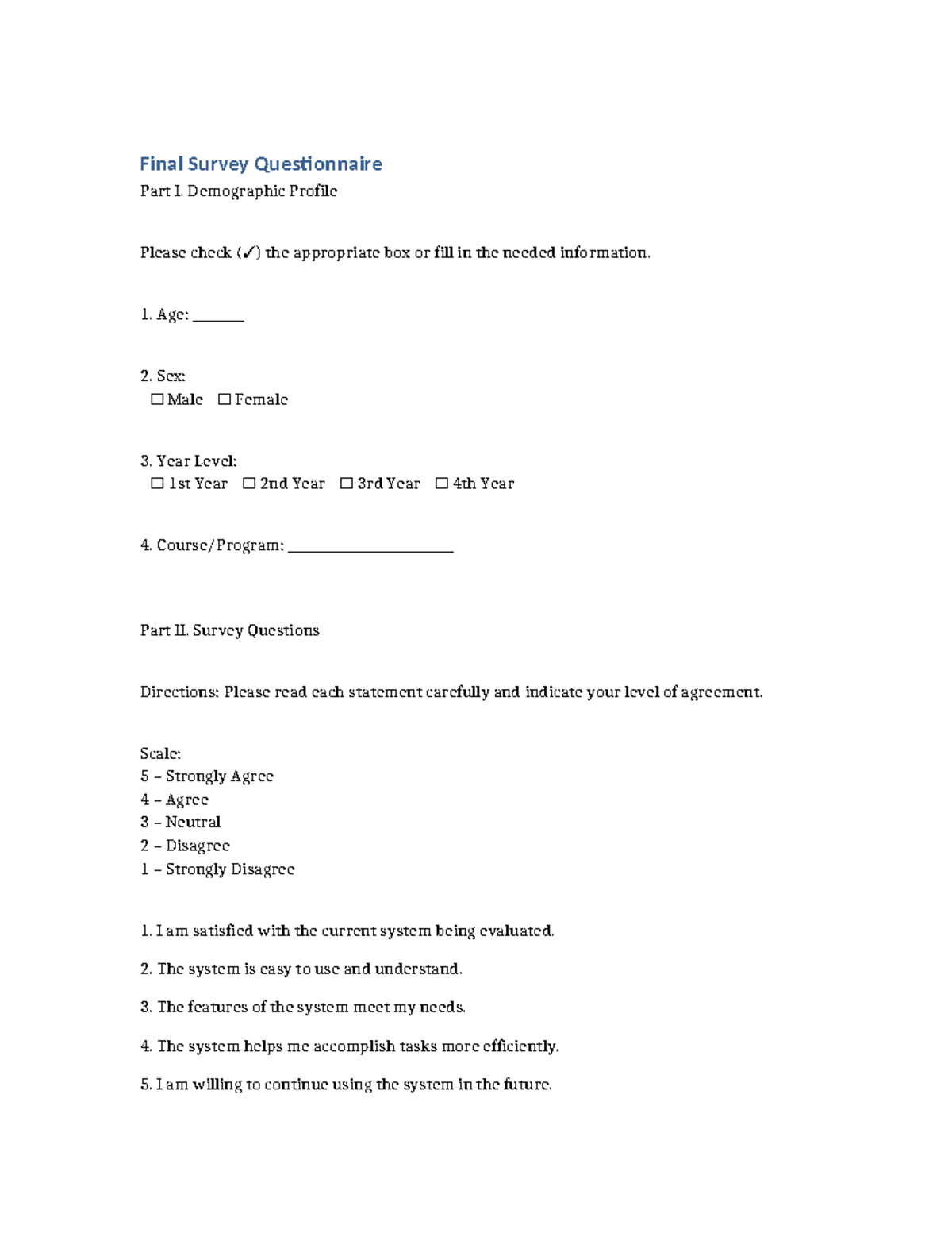Final Survey Questionnaire Part I: Demographic & Feedback - Studocu