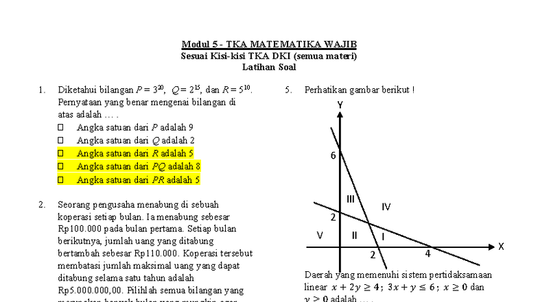 Modul 5 TKA MATEMATIKA WAJIB Latihan Soal 25-26 (Semua Materi) - Studocu