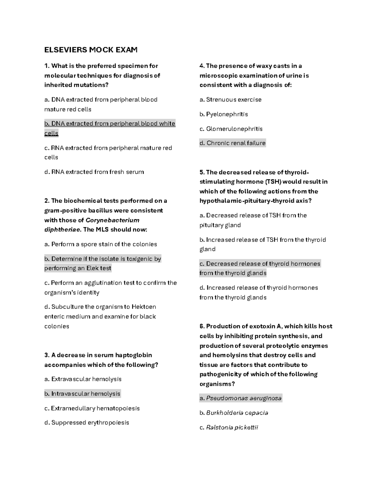 ELSEVIER'S MOLECULAR DIAGNOSTICS MOCK EXAM 1 - Studocu