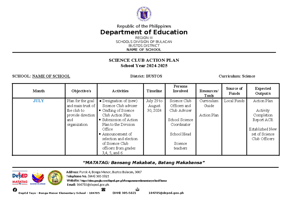 Science Club Action Plan for SY 2024-2025: Goals and Activities - Studocu