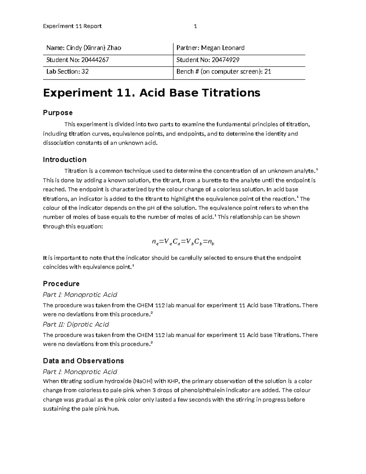 Lab 11: Acid-Base Titration Experiment Report by Cindy Zhao & Megan ...