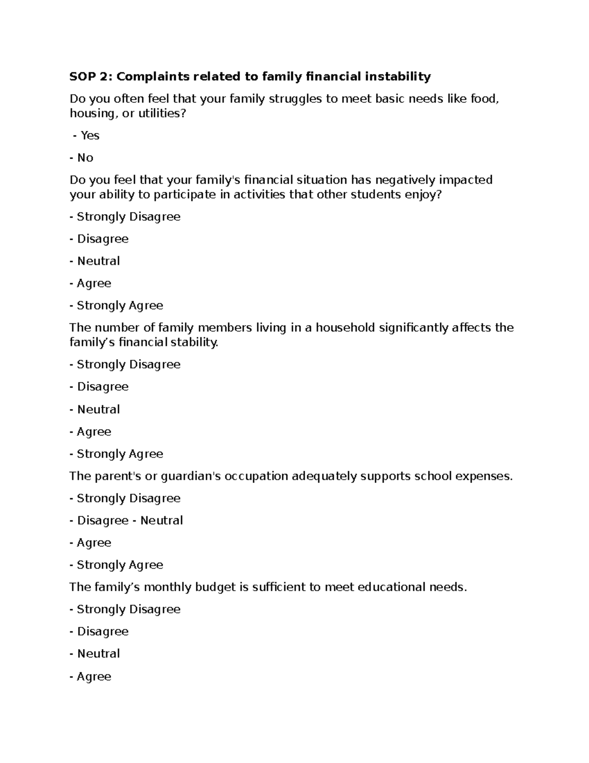 SOP - Questionnaires on Family Financial Instability & Academic Impact ...
