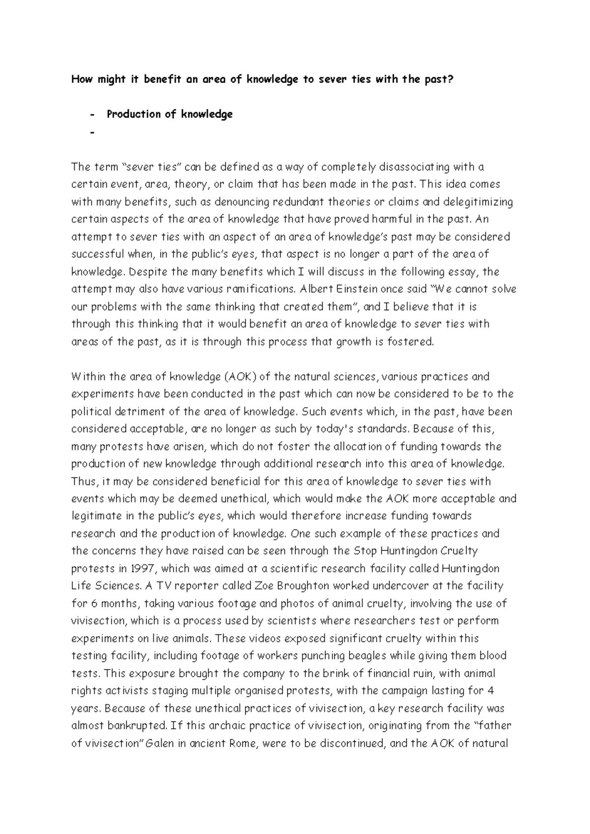 TOK Essay: Severing Ties with the Past in AOKs of Natural Sciences ...