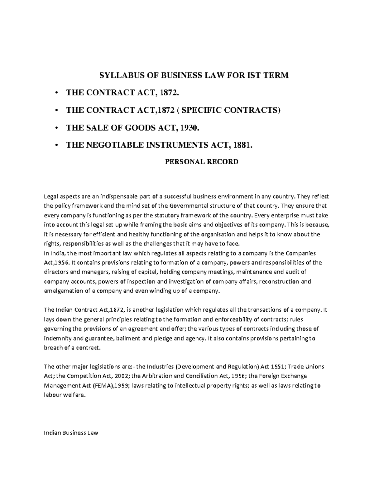 121336975-law - 121336975-law - SYLLABUS OF BUSINESS LAW FOR IST TERM ...