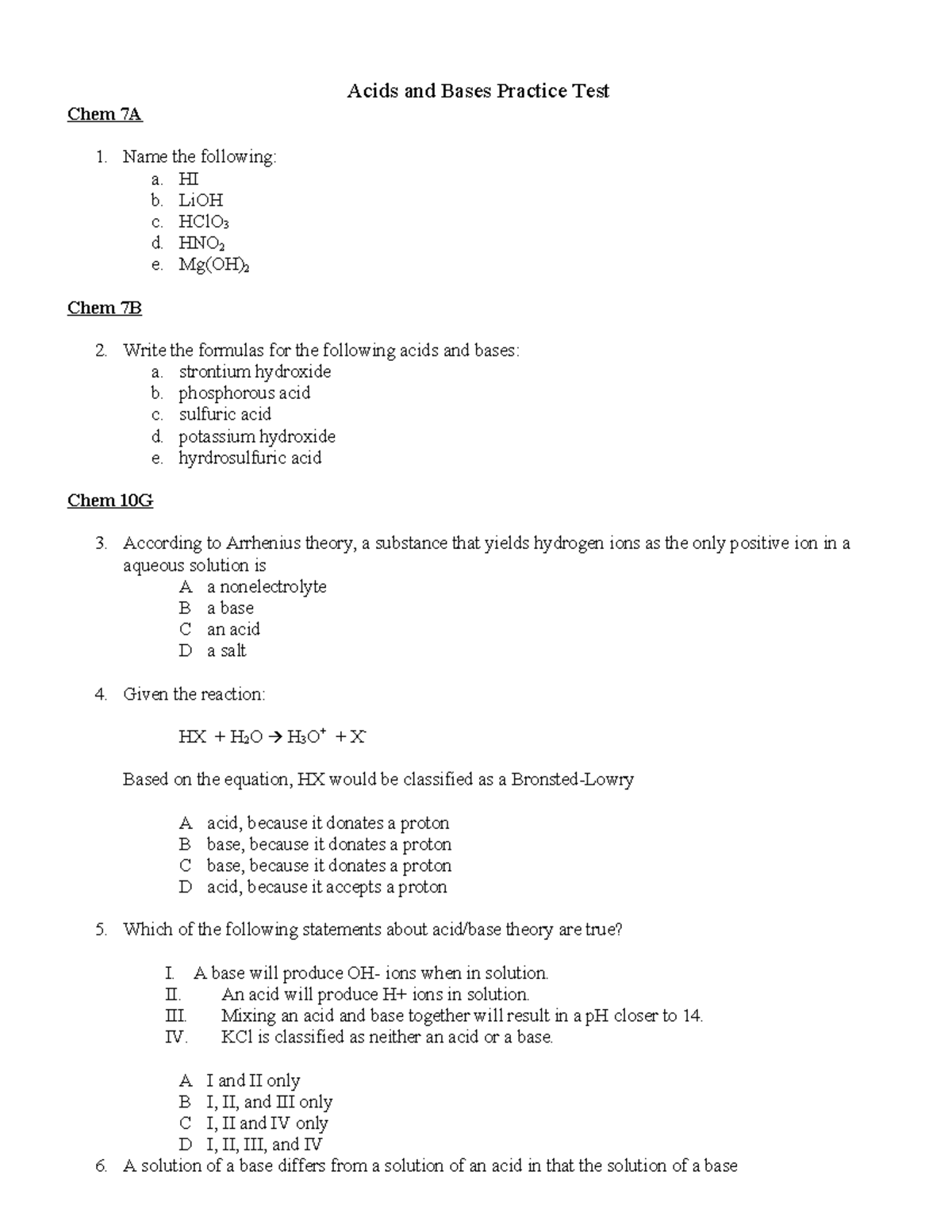 Unit 10 Chemistry: Acids and Bases Practice Test - Chem 7A/B, 10G/J ...