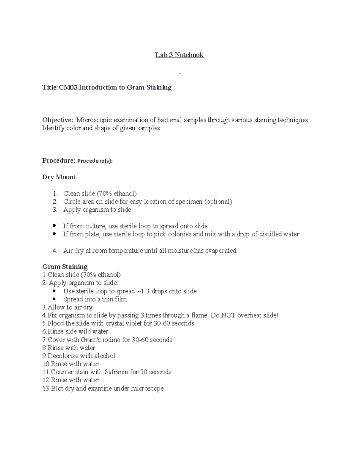 CM03 Lab 3 Notebook: Introduction to Gram Staining Techniques - Studocu