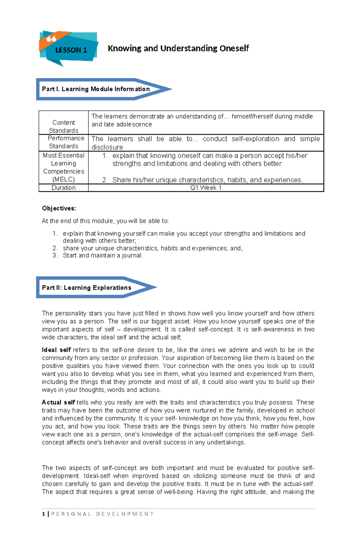 Lesson 1: Understanding Oneself for Personal Development - Studocu