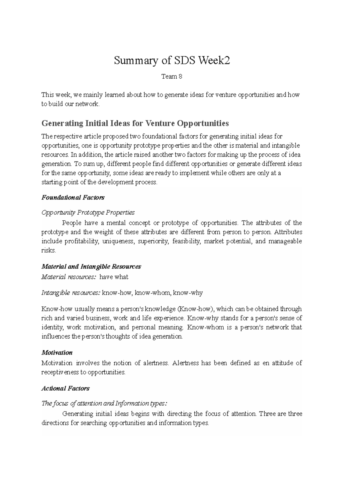 SDS Week 2 Summary: Idea Generation & Networking Strategies - Studeersnel