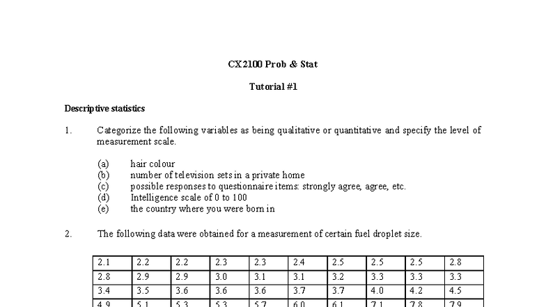 CX2100 Prob Stat Tutorial 1: Descriptive Statistics & Analysis - Studocu