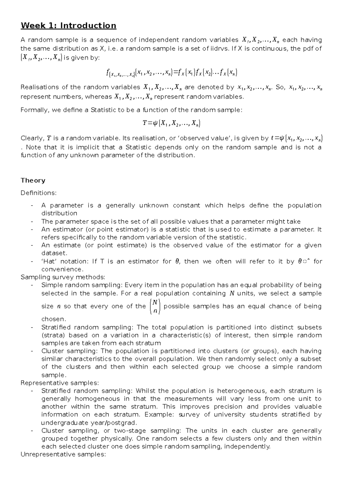 Lecture Notes: Week 1 - Introduction to Random Sampling and Estimation ...