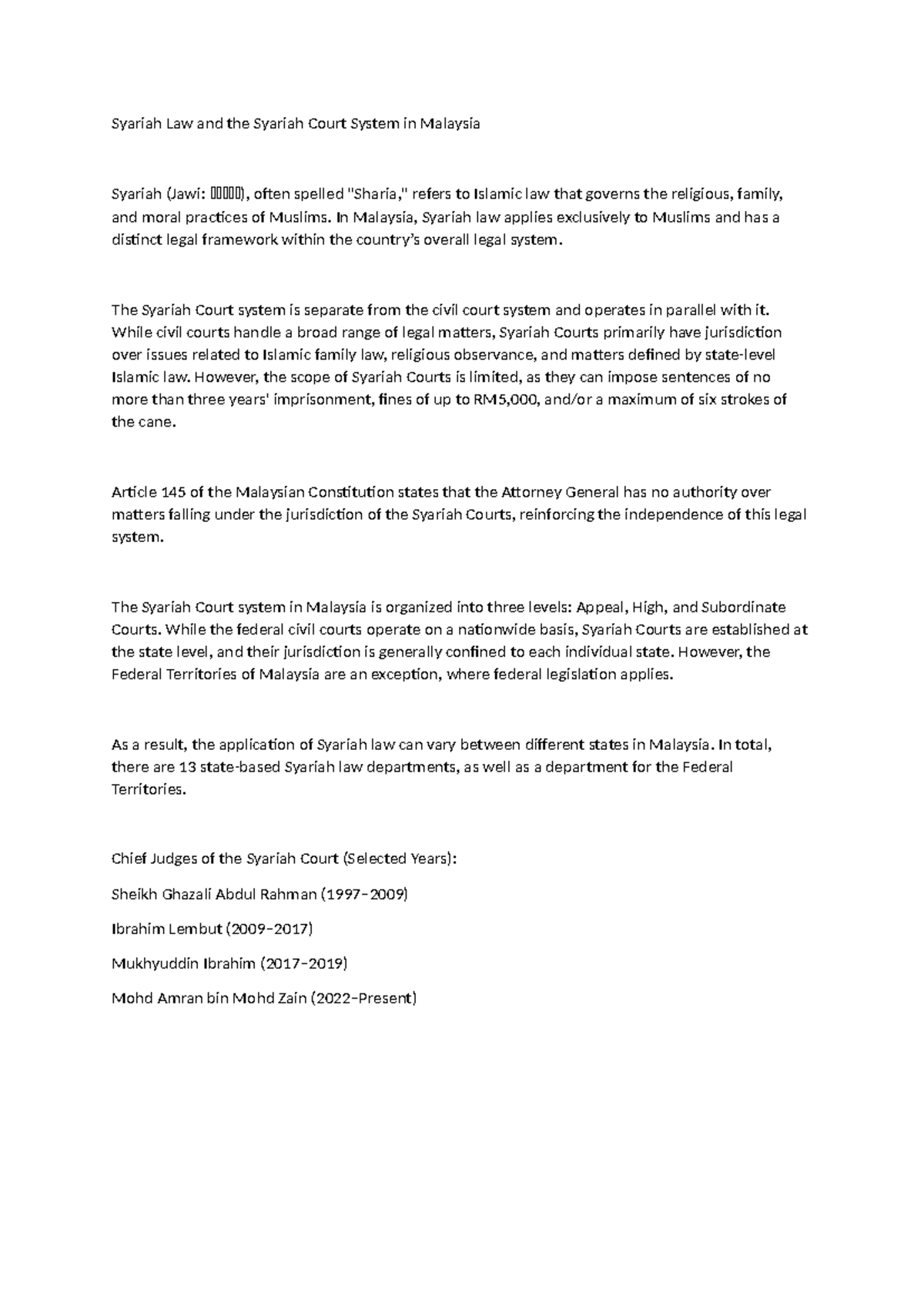 Syariah Law & Court System in Malaysia: Overview and Structure - Studocu