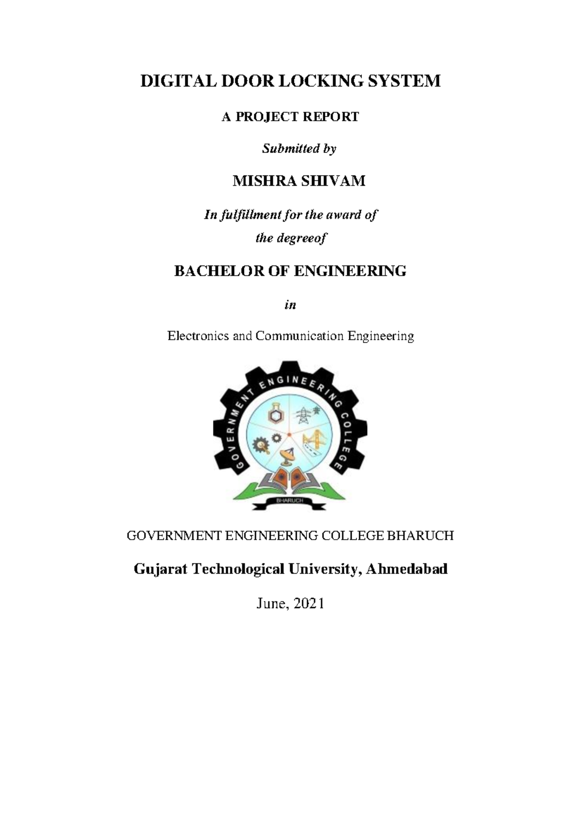 Digital Door Locking System Project Report - B.E. in ECE (2021) - Studocu