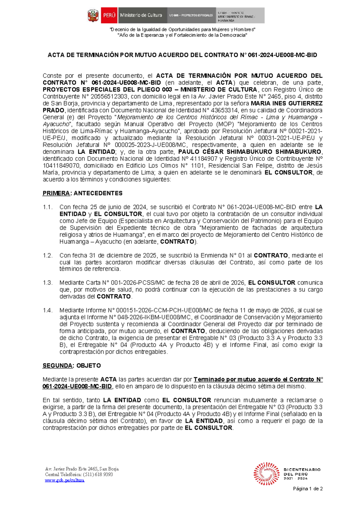 ACTA DE TERMINACIÓN POR MUTUO ACUERDO DEL CONTRATO - Proyecto Huamanga ...