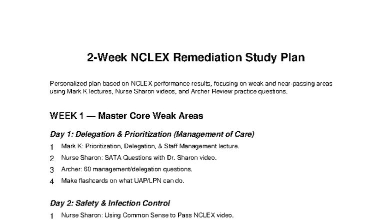 NCLEX Remediation Study Plan: Personalized Prep for Success - Studocu