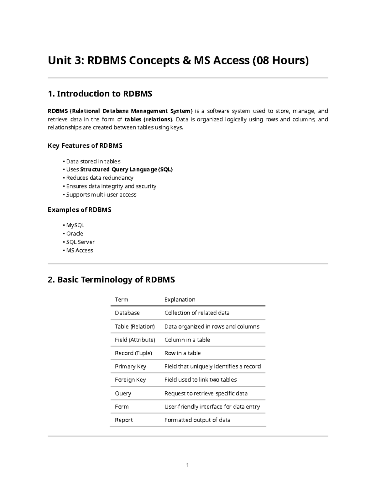 BCom III: Unit 3 RDBMS Concepts & MS Access (Detailed Notes) - Studocu