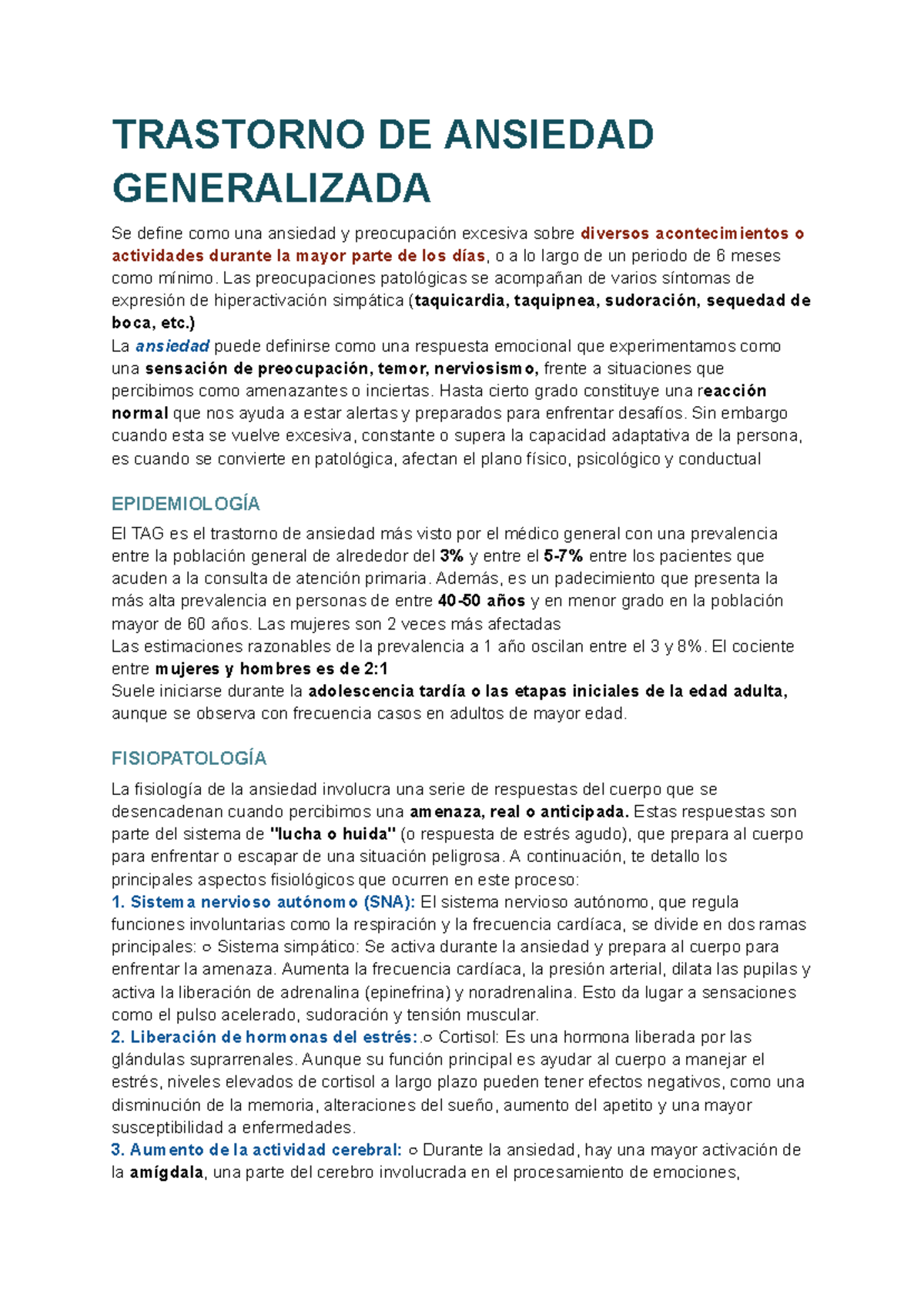 TAG: Trastorno de Ansiedad Generalizada - Epidemiología y Tratamiento - Studocu