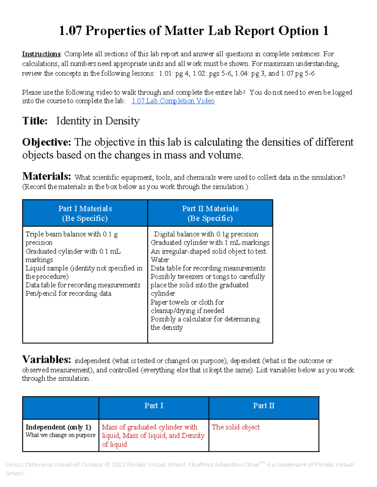 1.07 Properties of Matter Lab Report: Identity in Density Analysis ...