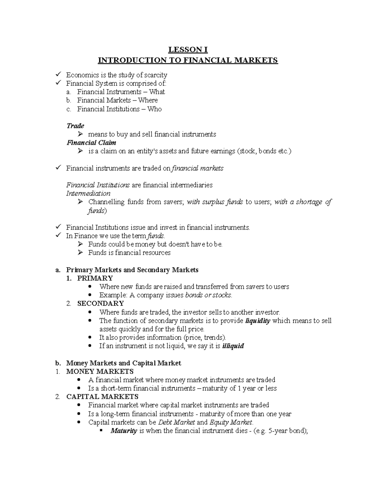 Lesson 1: Overview of Financial Markets and Their Functions - Studocu