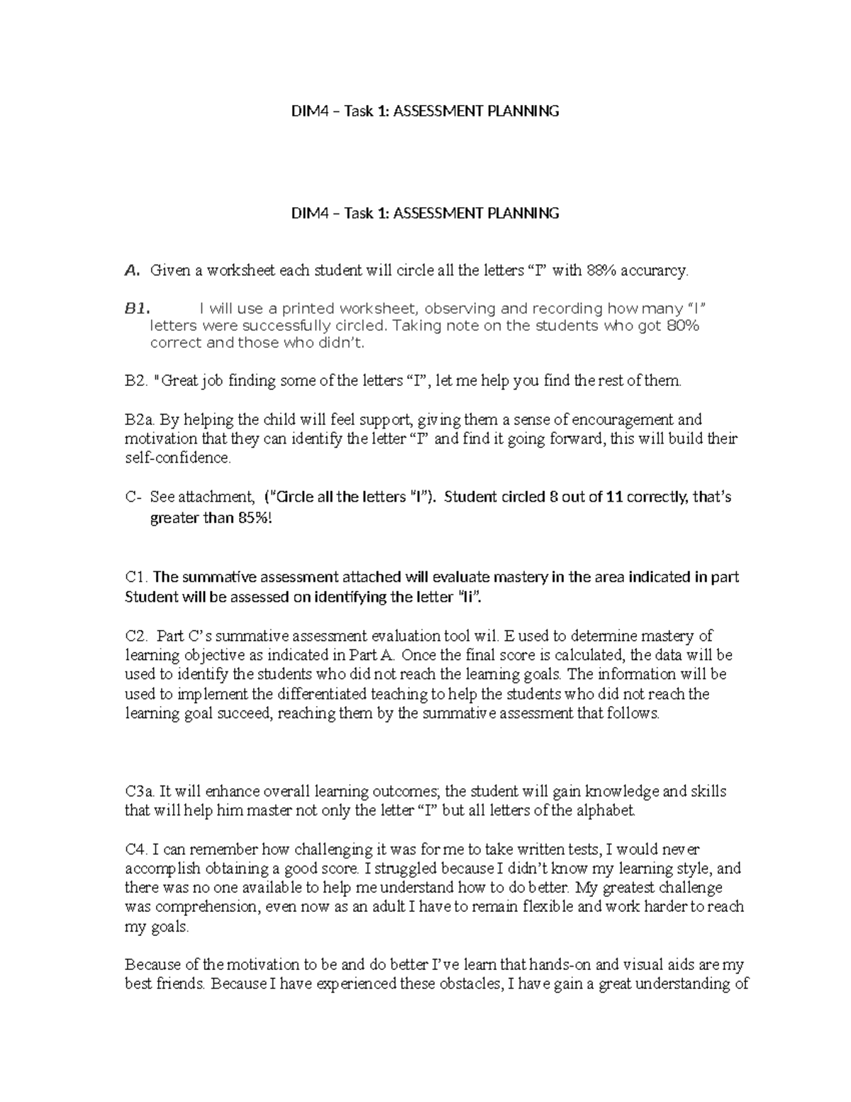 DIM4 - Task 1: Assessment Planning and Student Performance Analysis ...